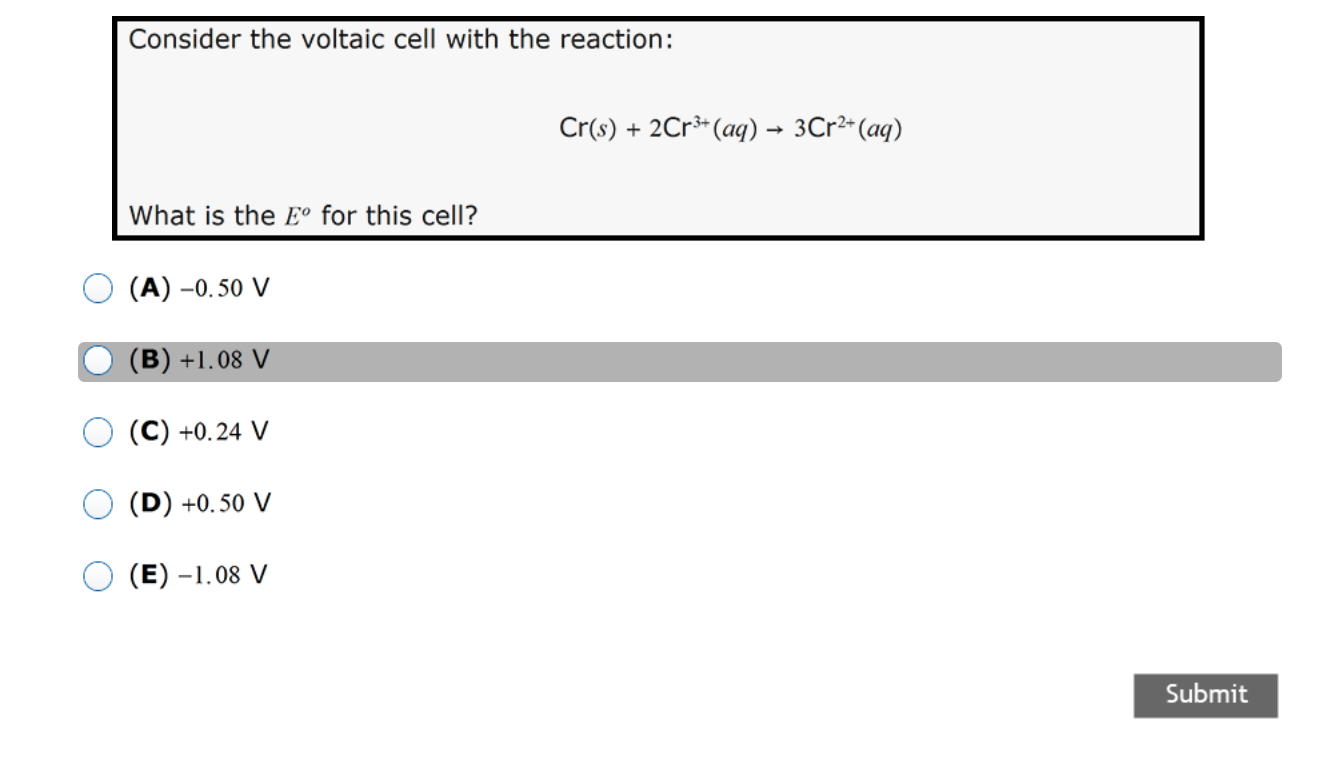 Solved Consider the voltaic cell with the reaction: Cr(s) + | Chegg.com