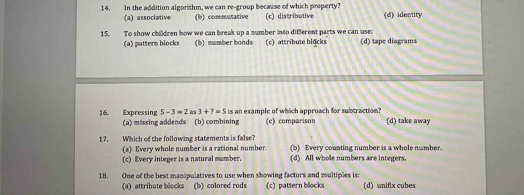 Solved 14. In the addition algorithm, we can re-group | Chegg.com