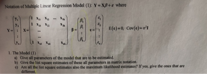 Solved Notation of Multiple Linear Regression Model ( 1 ): | Chegg.com
