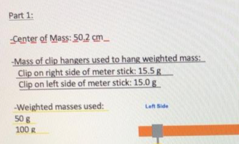 Solved Part 1: -Center of Mass: 50.2 cm_ -Mass of clip | Chegg.com