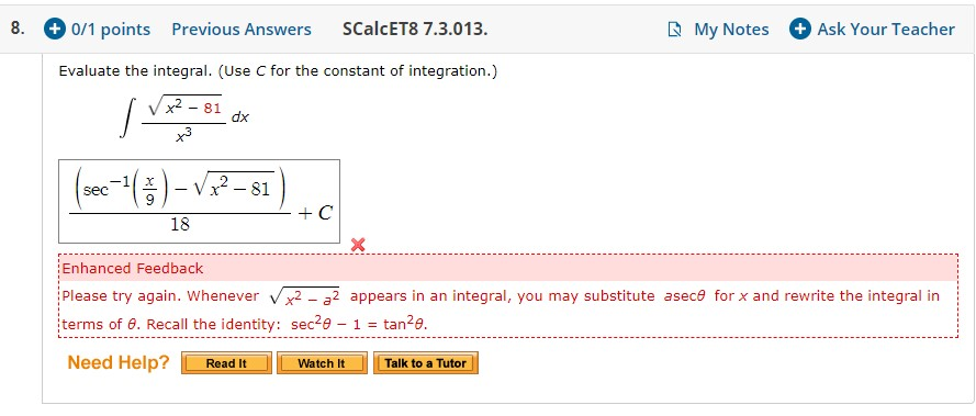 Solved 8. 0/1 points Previous Answers CalcET8 7.3.013. My | Chegg.com