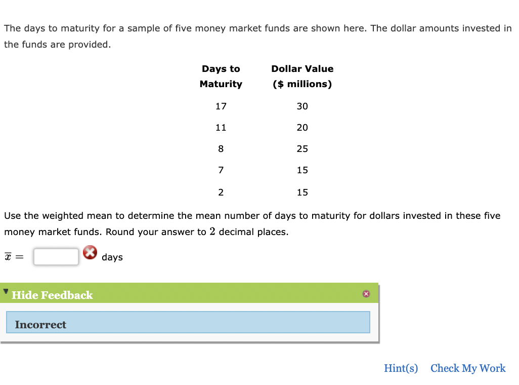 Solved The Days To Maturity For A Sample Of Five Money Chegg