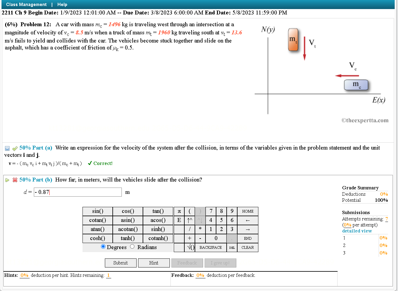 Solved (6\%) Problem 12: A car with mass mC=1496 kg is | Chegg.com