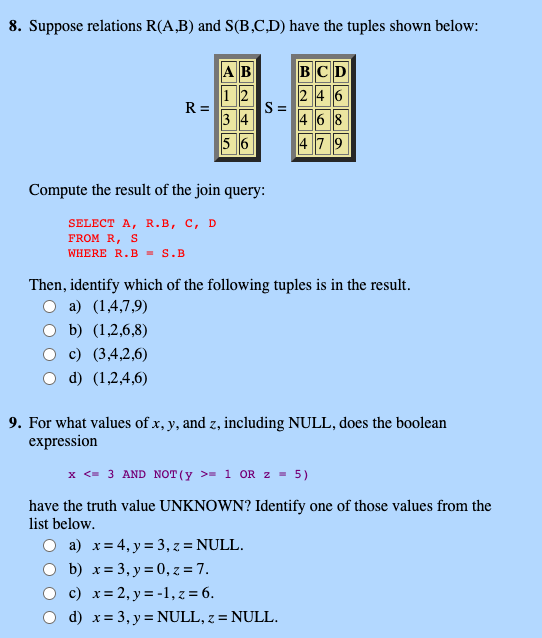 Solved 8. Suppose relations R(A,B) and S(B,C,D) have the | Chegg.com