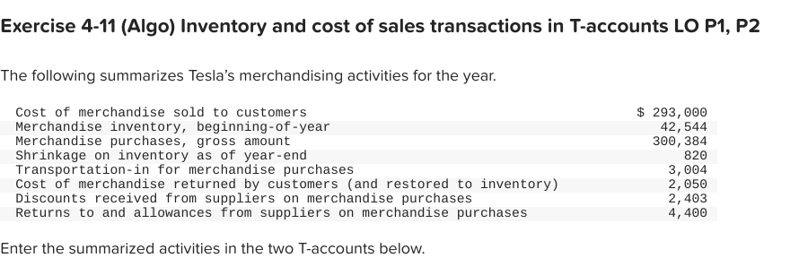 Solved xercise 4-11 (Algo) Inventory and cost of sales | Chegg.com