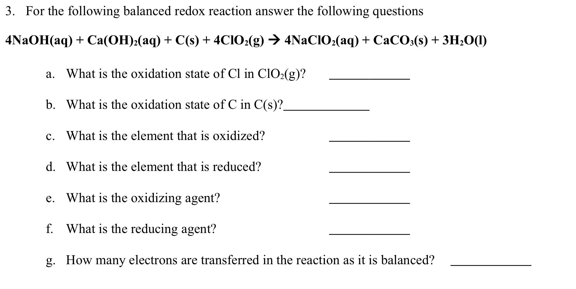 Solved 3. For the following balanced redox reaction answer | Chegg.com