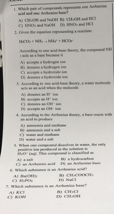 Solved Which pair of compounds represents one Arrhenius acid | Chegg.com