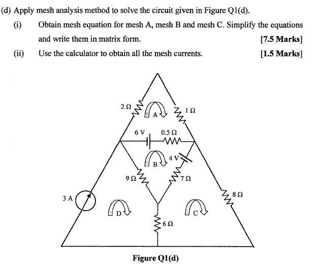 Solved (d) Apply mesh analysis method to solve the circuit | Chegg.com