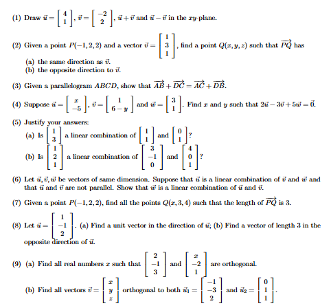 Solved (1) ﻿Draw vec(u)=[41],vec(v)=[-22],vec(u)+vec(v) ﻿and | Chegg.com