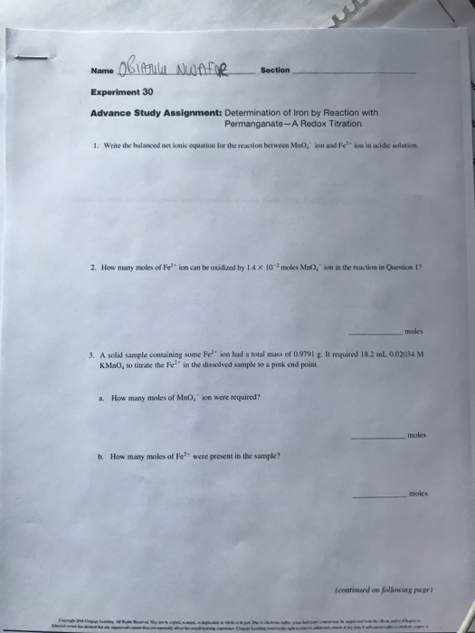 Solved Name Experiment 30 Advance Study Assignment: | Chegg.com