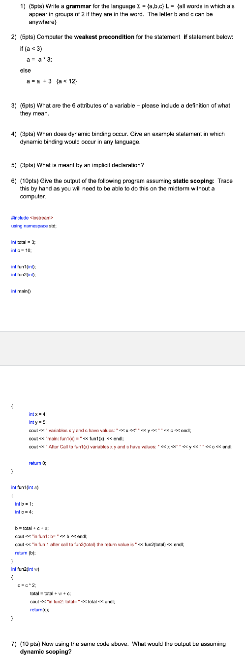 Solved 1) (5pts) Write a grammar for the language | Chegg.com