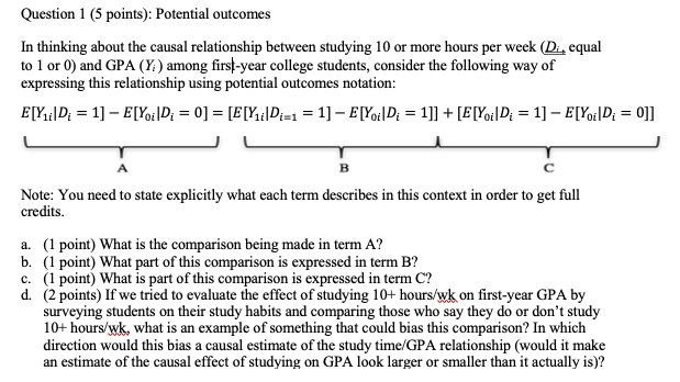Question 1 (5 points): Potential outcomes In thinking | Chegg.com