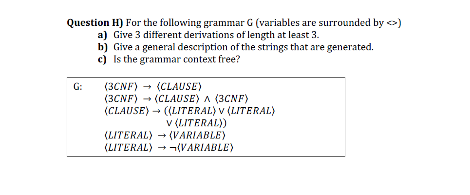 Solved Question H) For the following grammar G (variables | Chegg.com
