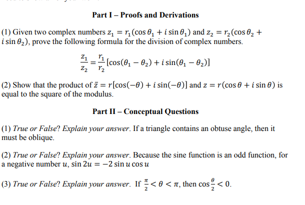 Solved Part I - Proofs and Derivations (1) Given two complex | Chegg.com