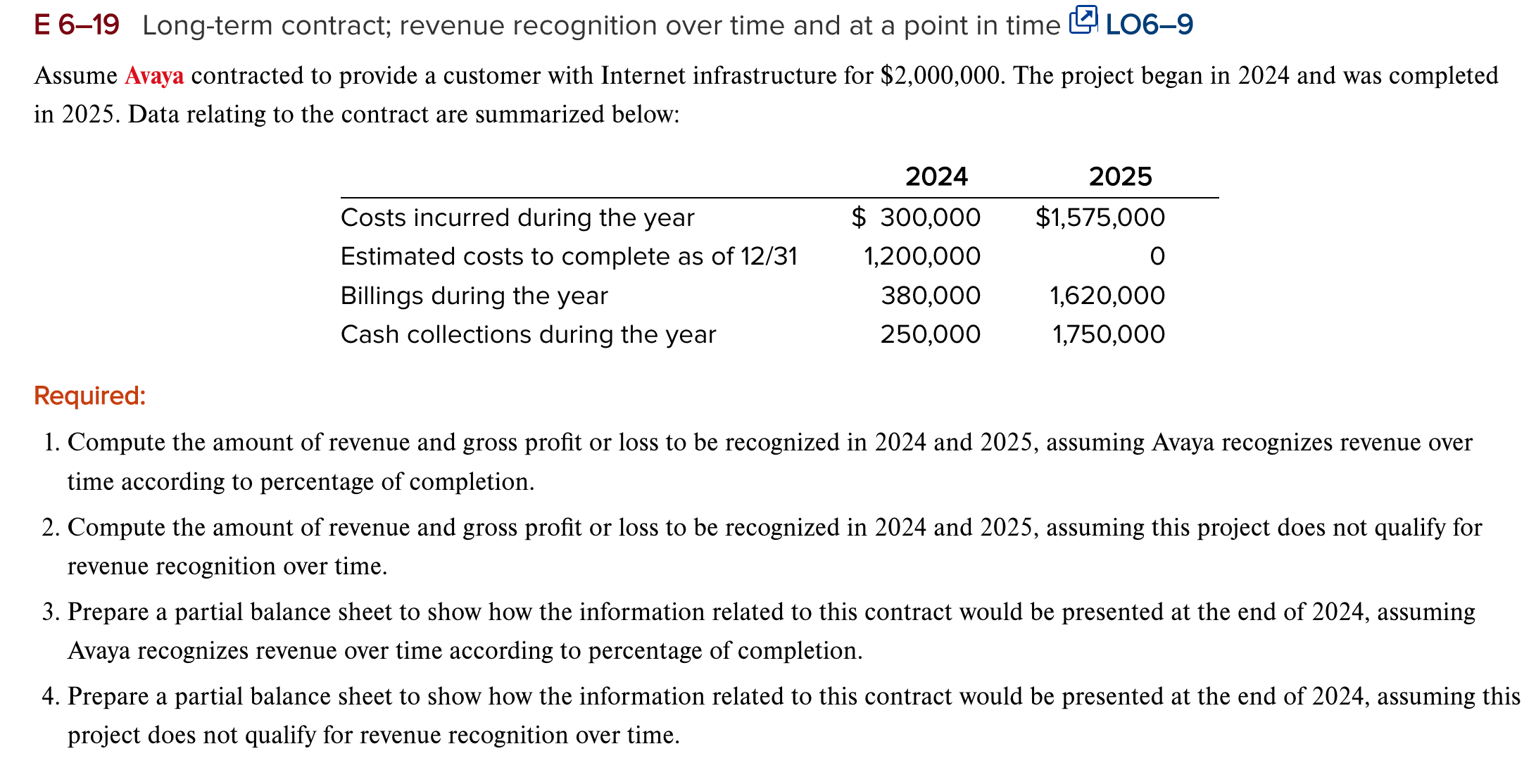 Solved E 6-19 Long-term contract; revenue recognition over | Chegg.com