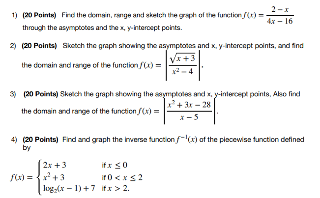 Solved 1) (20 Points) Find the domain, range and sketch the | Chegg.com