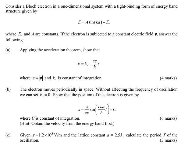 Solved Consider a Bloch electron in a one-dimensional system | Chegg.com
