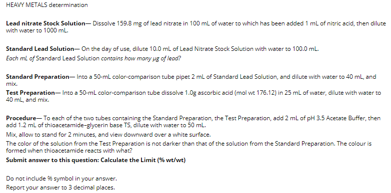 Solved HEAVY METALS determination Lead nitrate Stock | Chegg.com