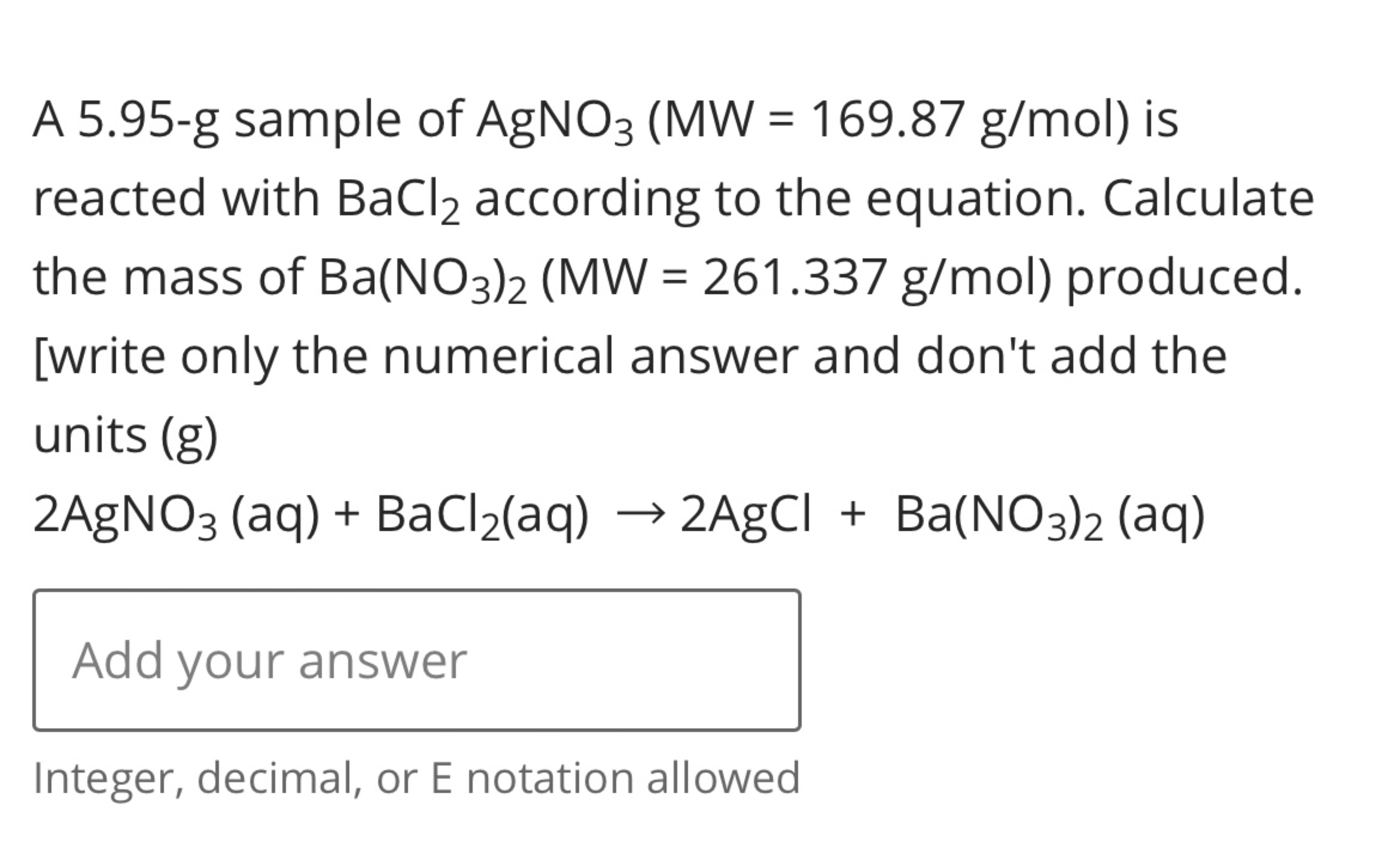 Solved A 5.95-g sample of AgNO3 ( MW=169.87gmol ) ﻿isreacted | Chegg.com