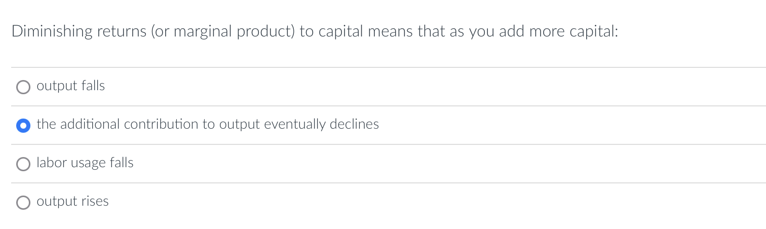 Solved Diminishing returns (or marginal product) to capital | Chegg.com
