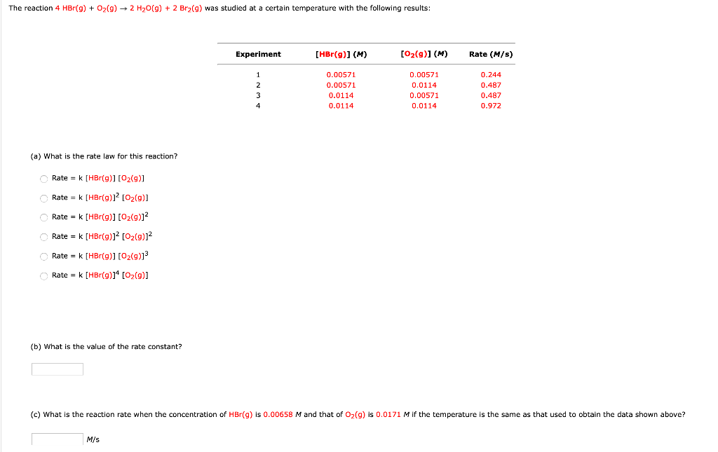 Solved The reaction 4 HBr(g) + O2(g) 2 H2O(g) + 2 Br2(g) | Chegg.com