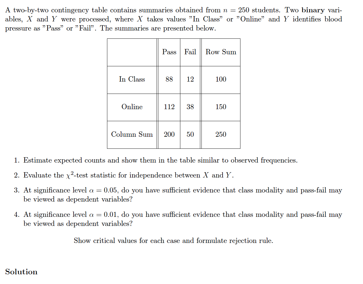 Solved A two-by-two contingency table contains summaries | Chegg.com