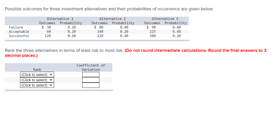 Solved Possible outcomes for three investment alternatives | Chegg.com