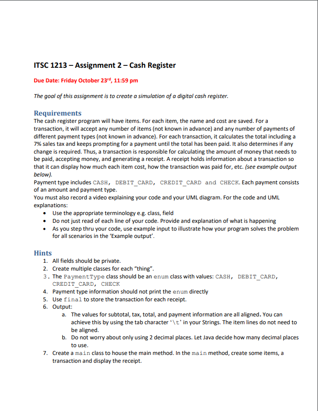 ITSC 1213 - Assignment 2 - Cash Register Due Date: | Chegg.com