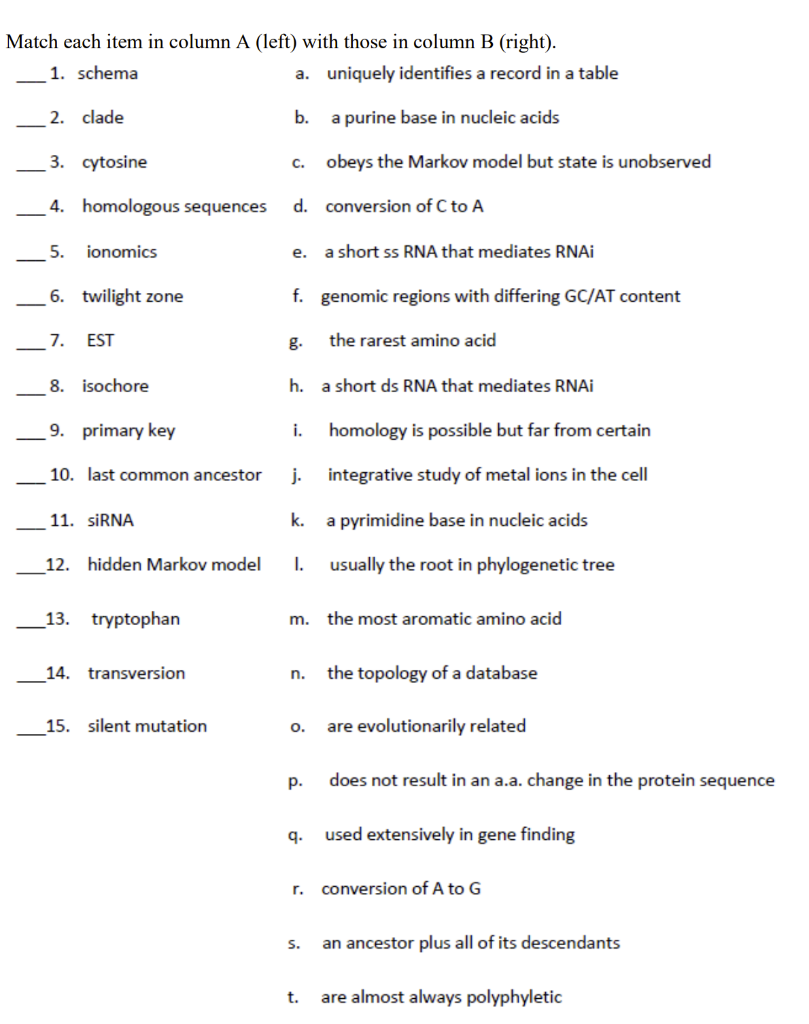 Match each item in column A (left) with those in | Chegg.com