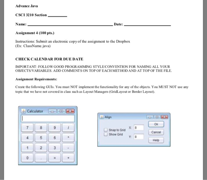 Advance Java CSCI 3210 Section Name: Date: Assignment | Chegg.com