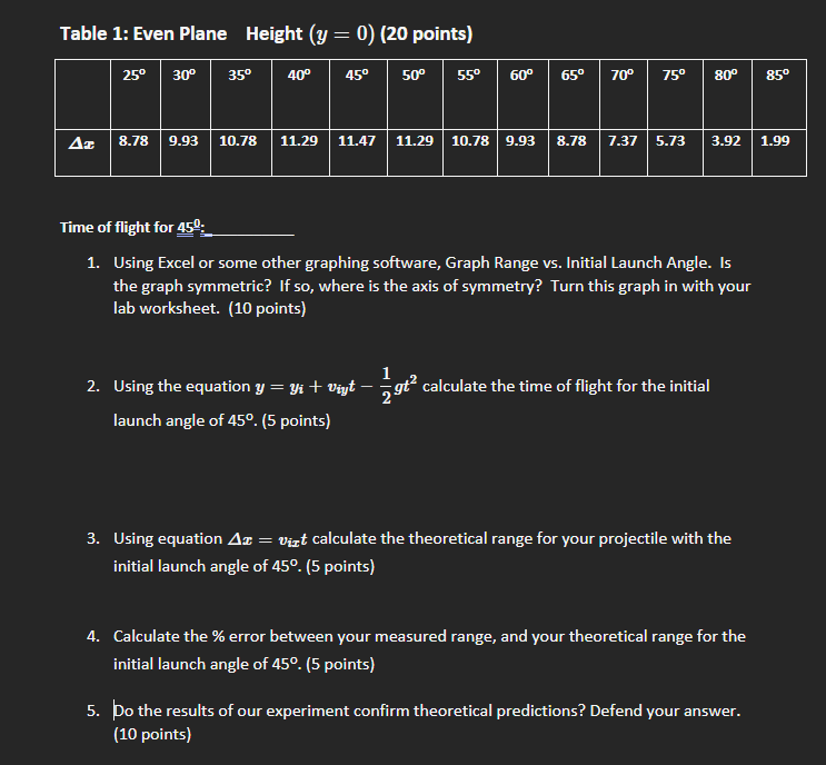Solved Table 1: Even Plane Height (y=0) (20 points)Time of | Chegg.com Solved Table 1: Even Plane Height (y=0) (20 points)Time of | Chegg.com