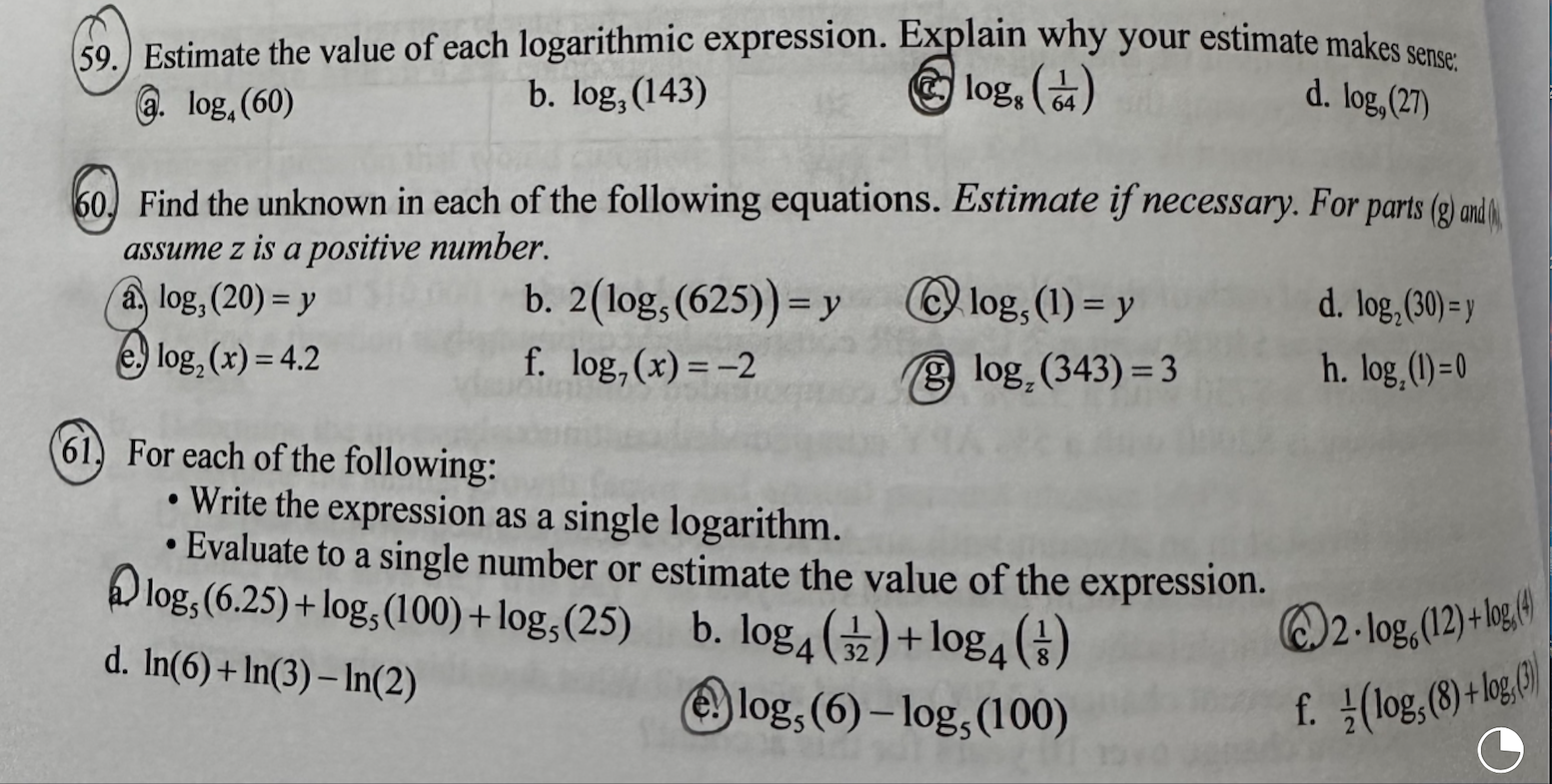 Solved 59. Estimate the value of each logarithmic | Chegg.com