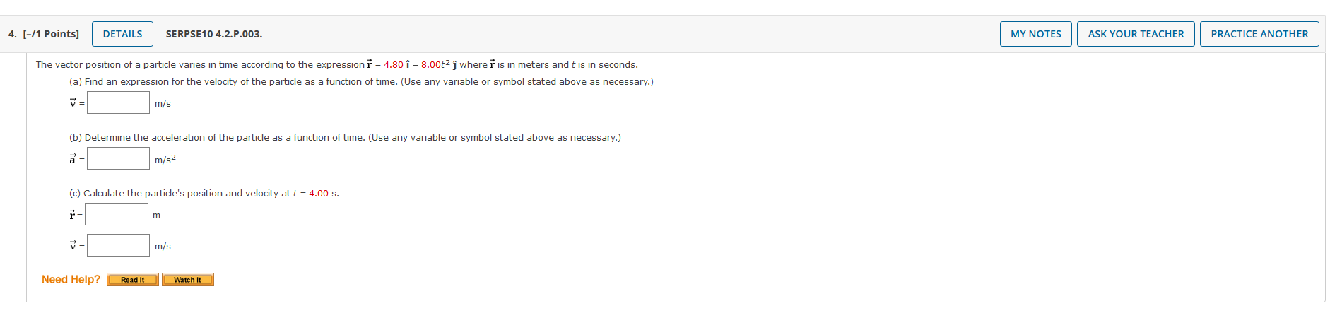 Solved he vector position of a particle varies in time | Chegg.com