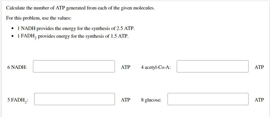 Solved Calculate the number of ATP generated from each of | Chegg.com