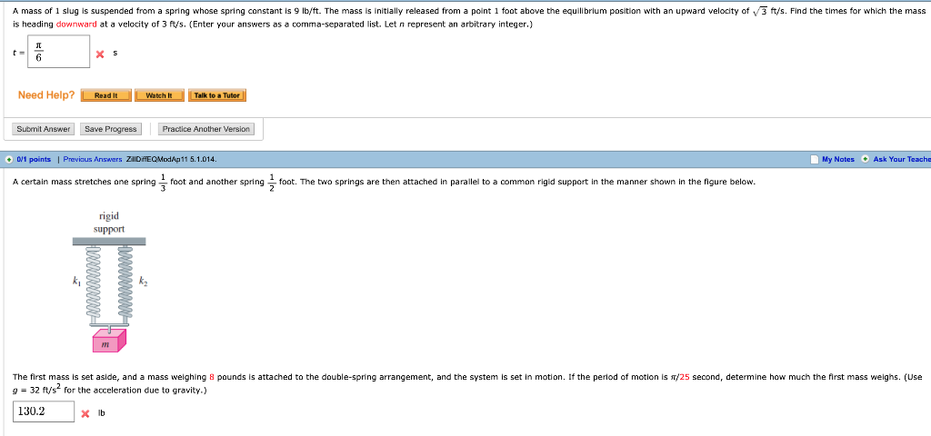 Solved A mass of 1 slug is suspended from a spring whose | Chegg.com