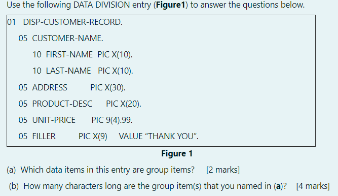 Solved Use the following DATA DIVISION entry (Figure 1) to | Chegg.com