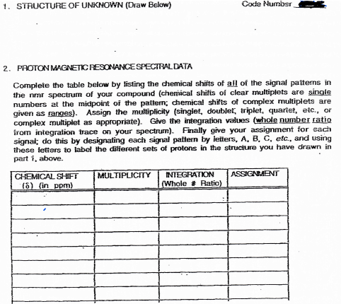 Solved 1. STRUCTURE OF UNKNOWN (Draw Below) Code Number 2. | Chegg.com