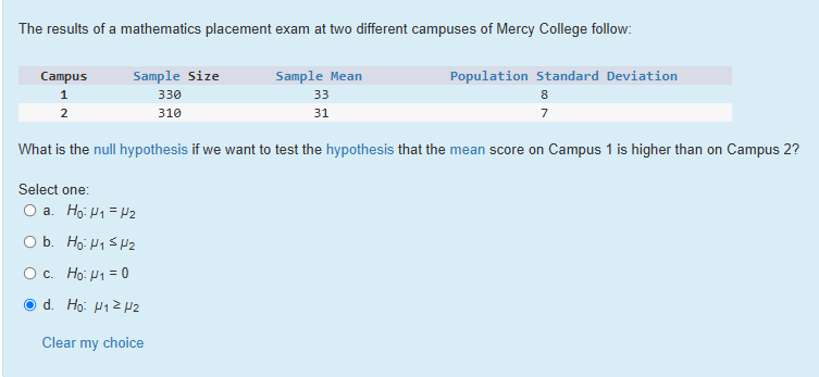 Solved The results of ﻿a mathematics placement exam at ﻿two | Chegg.com