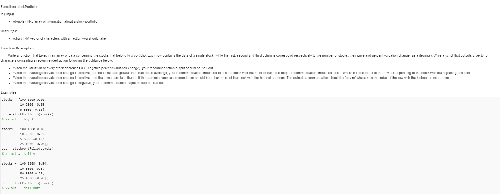Solved Function: stockPortfolio lnput(s): - (double) Nx3 | Chegg.com