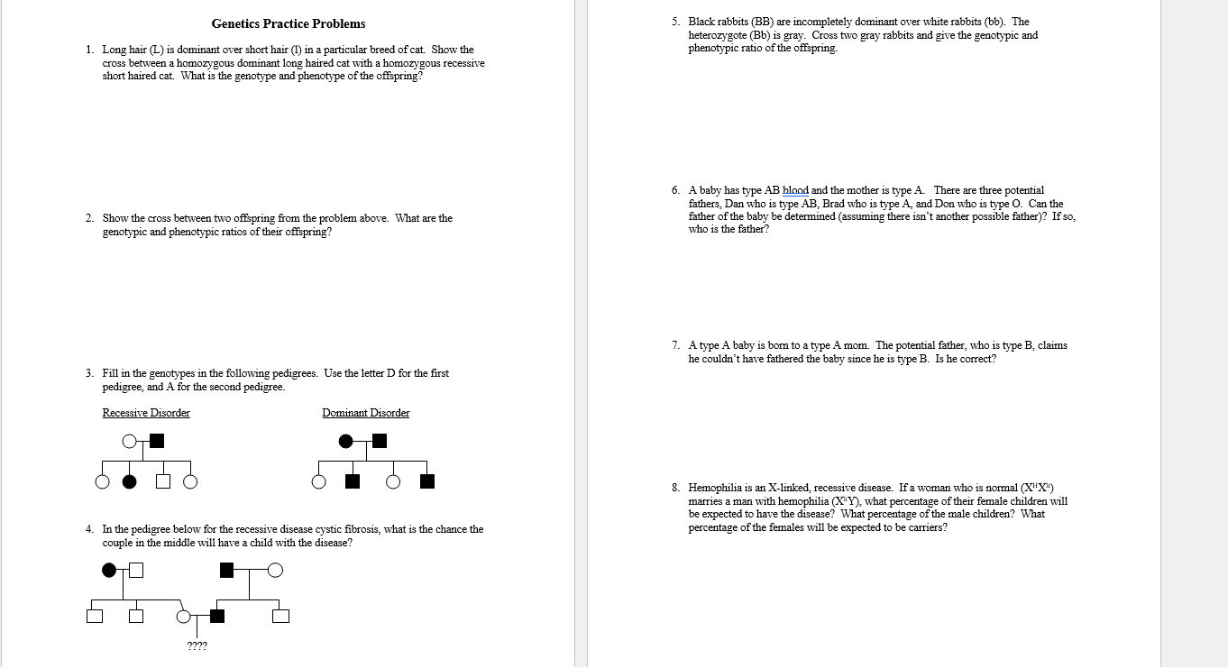 Solved Genetics Practice Problems 5. Black rabbits (BB) are | Chegg.com
