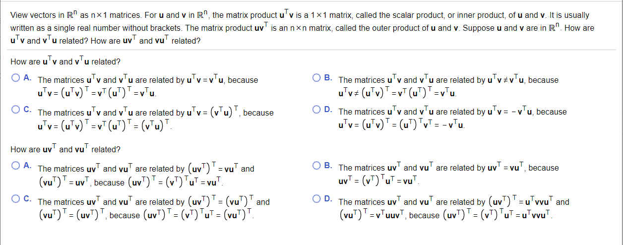 Solved View vectors in R" as nx 1 matrices. For u and vin | Chegg.com