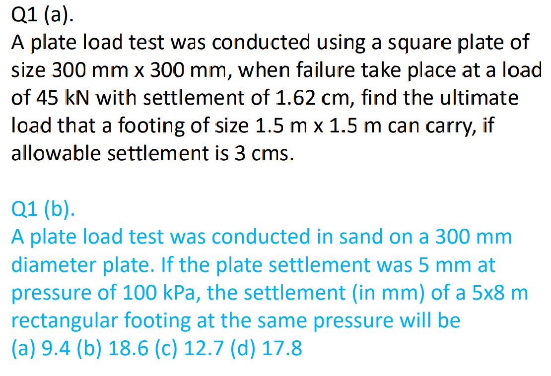 Solved Q1 (a). A plate load test was conducted using a | Chegg.com