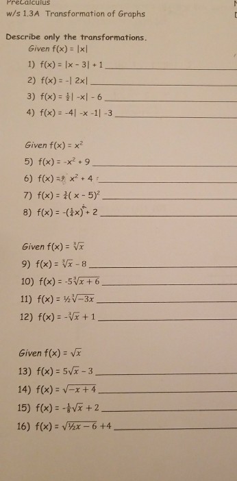 Solved Precalculus w/s 1.3A Transformation of Graphs | Chegg.com