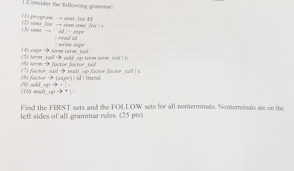 Solved (1) program → stmt list $ (2) stmt list → stmt stmt | Chegg.com