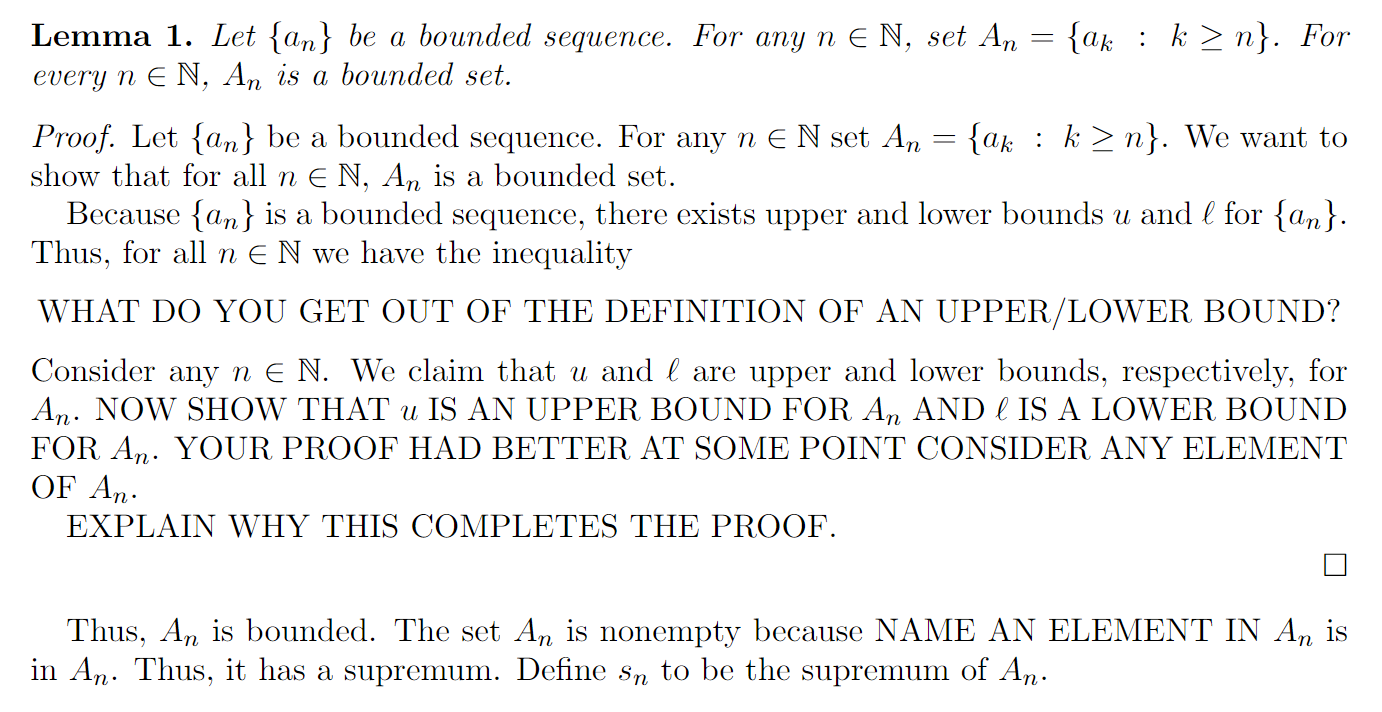 Solved Lemma 1. Let {an} be a bounded sequence. For any n∈N, | Chegg.com