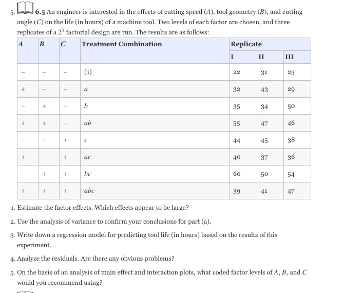 Solved 6.5 An engineer is interested in the effects of | Chegg.com