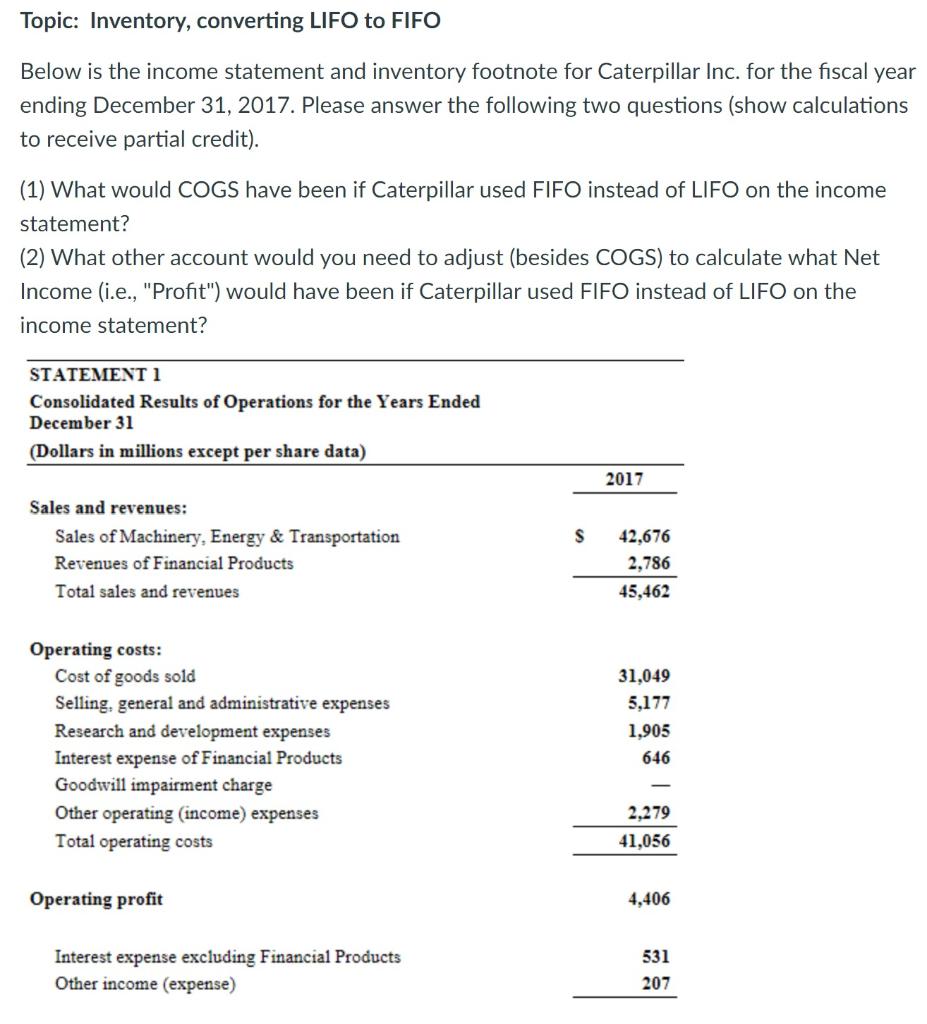 Solved Topic: Inventory, converting LIFO to FIFO Below is | Chegg.com Solved Topic: Inventory, converting LIFO to FIFO Below is | Chegg.com