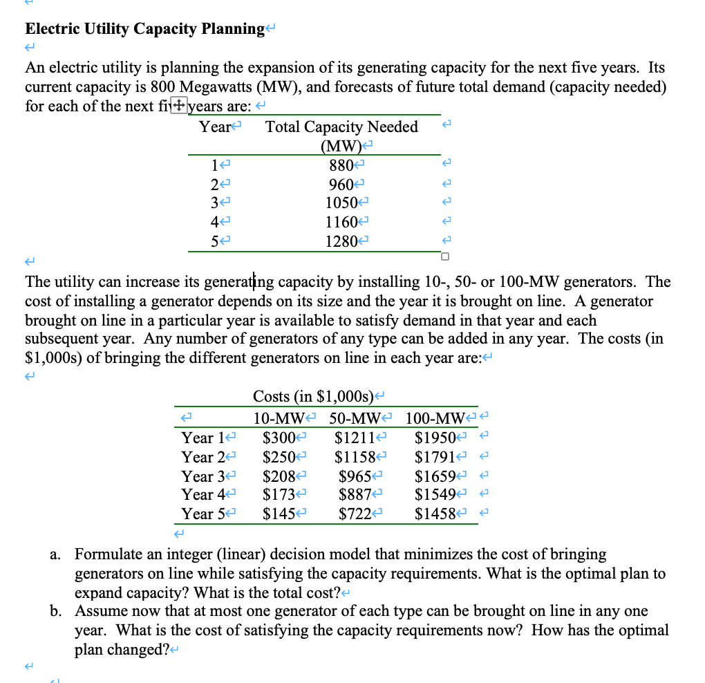 Solved Electric Utility Capacity Planning An electric | Chegg.com