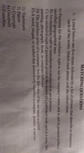 Solved MATCHING QUESTIONS 1. Listed below are five terms | Chegg.com