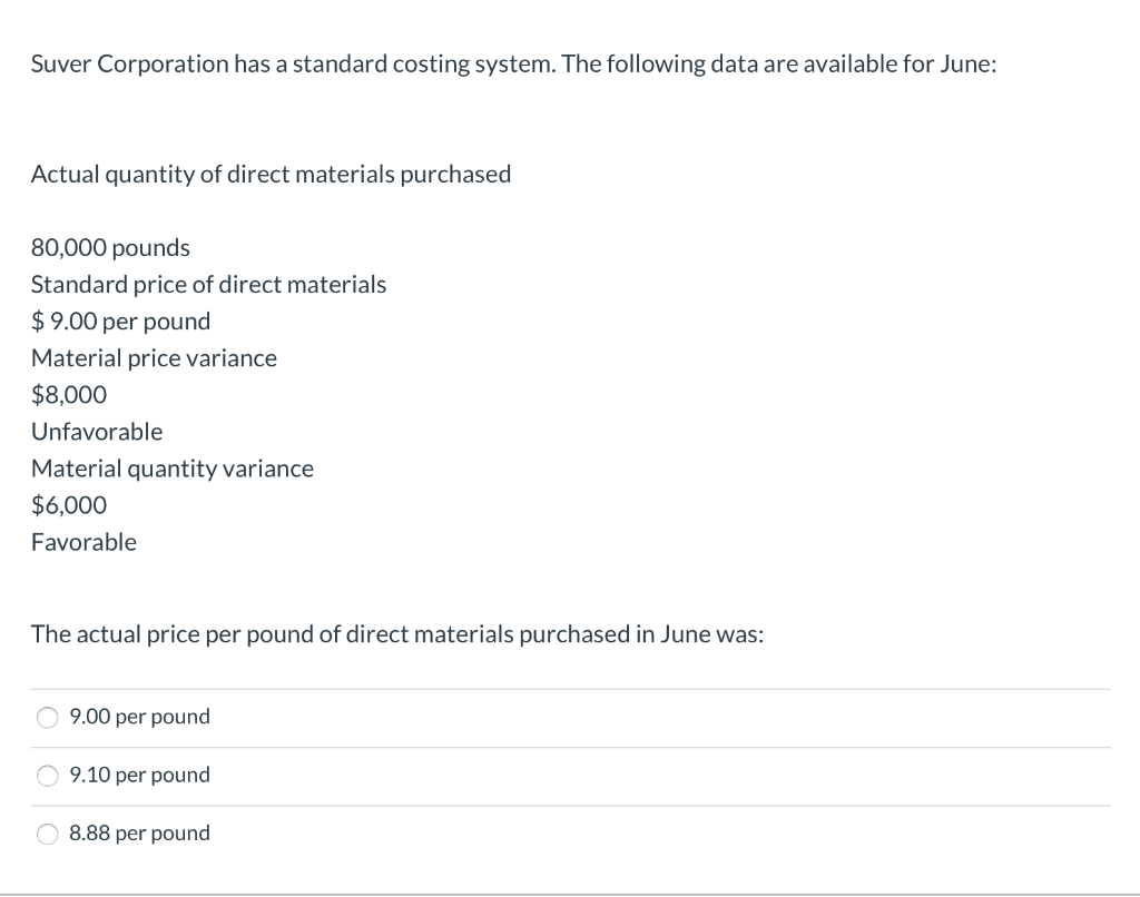 Solved Suver Corporation has a standard costing system. The | Chegg.com
